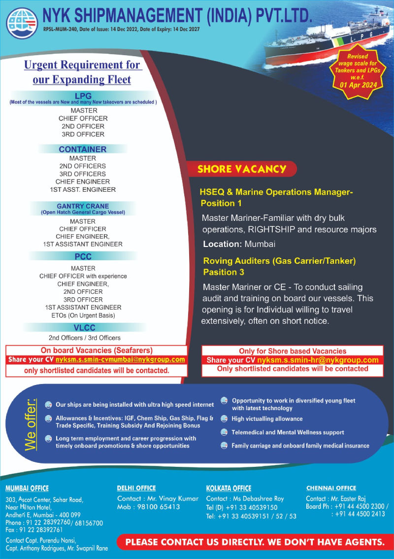 Advertisement of NYK Shipmanagement (India) Pvt. Ltd.