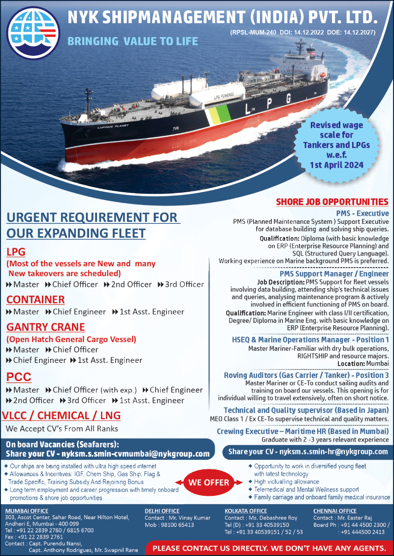 Advertisement of NYK Shipmanagement (India) Pvt. Ltd.